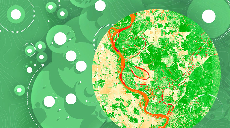 A geographic map displays landmasses in varying shades of green and tan, with a meandering river flowing through in shades of orange
